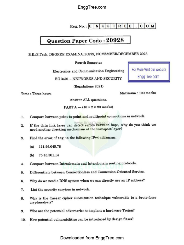 EC3401 Networks and Security Nov Dec 2023 Question Paper Download | PDF