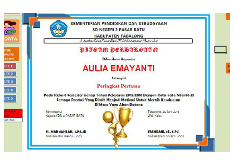 Format Piagam Penghargaan Juara Kelas 57 | PDF