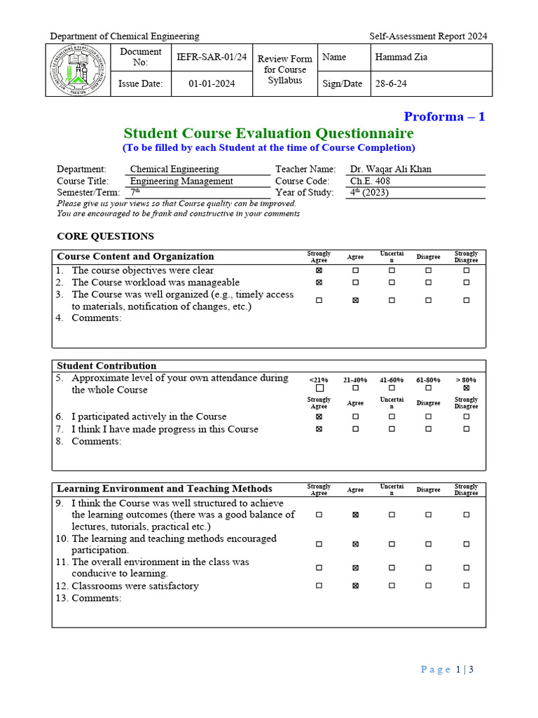 Managment Proforma 1 Student Course Evaluation Questionnaire 1 | PDF | Learning | Teaching Method