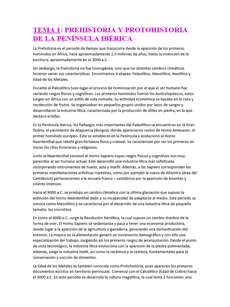 Tema 1. La Prehistoria y La Protohistoria de La Península Ibérica | PDF ...