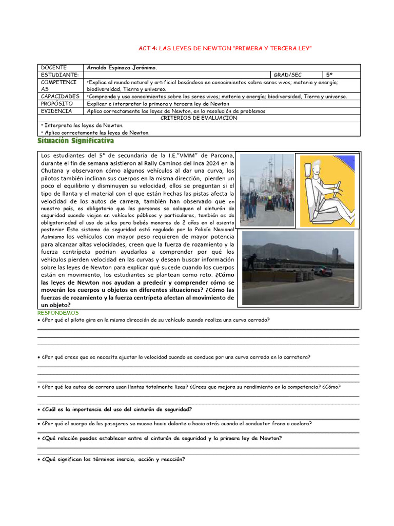 Ficha de Aplicación y Lectura 4 de 5° - U 3 - Ii B - 2024. | PDF | Fuerza | Las leyes del ...