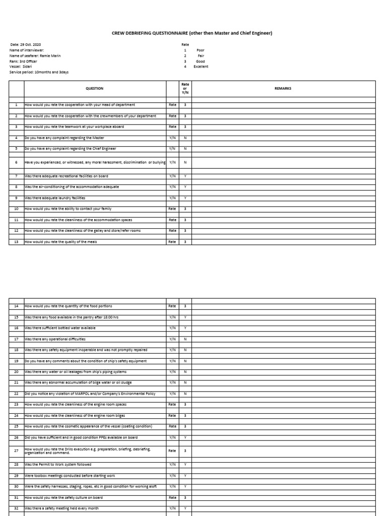 Crew Debriefing Questionnaire | PDF | Shipping | Water Transport