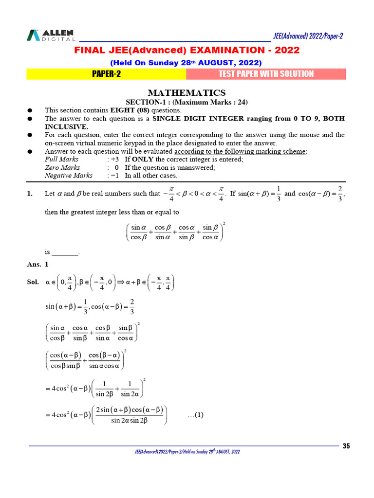 Paper-2 With Solution Mathematics | PDF | Mathematical Physics | Mathematical Concepts