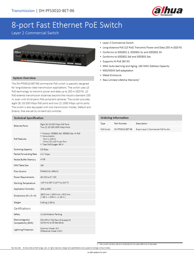 Datasheet_DH-PFS3010-8ET-96_Final | PDF | Network Switch | Communications Protocols