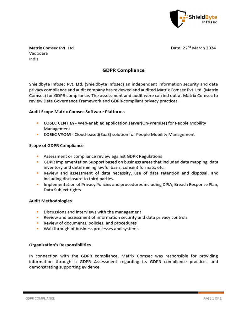 GDPR Compliance Letter | PDF | Audit | Information Security