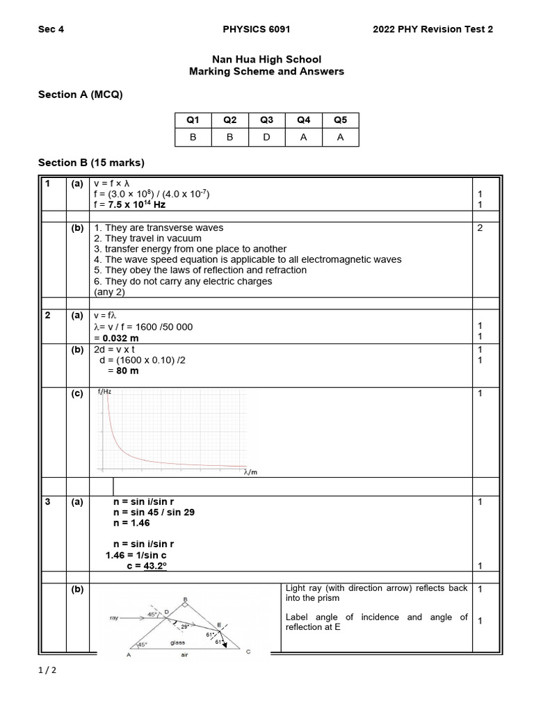 2022 - Sec 4 Phy RT2 Answers | PDF | Refraction | Waves