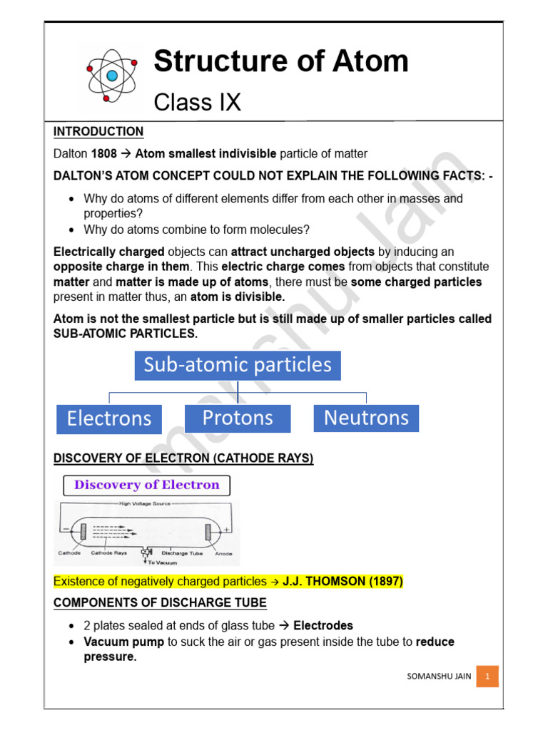 Structure of Atom Class IX Notes | PDF | Atomic Nucleus | Atoms