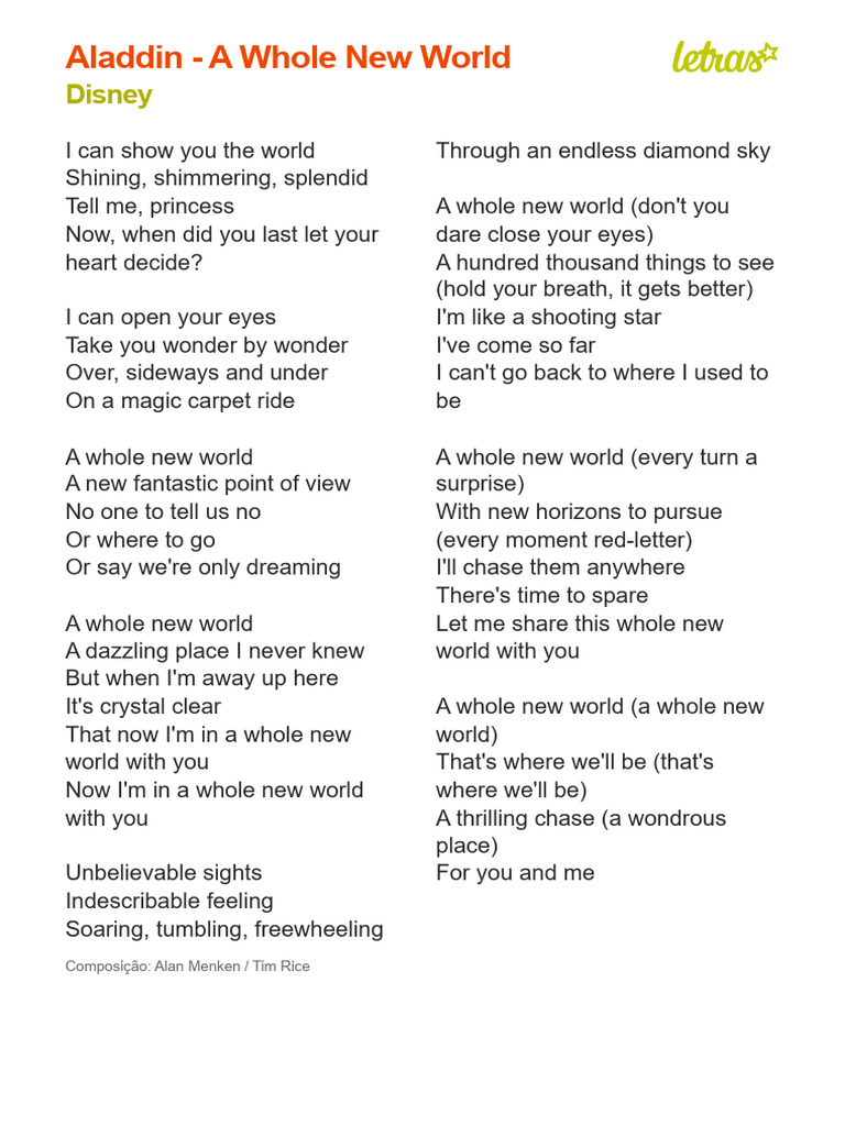 ALADDIN - A WHOLE NEW WORLD - Disney | PDF | Poetry