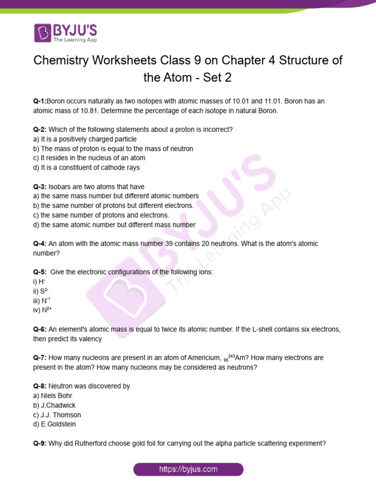 Chemistry Worksheets Class 9 On Chapter 4 Structure of The Atom Set 2 ...