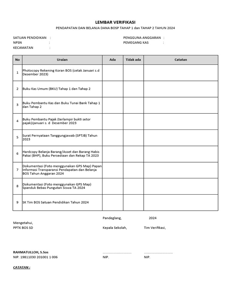 2024 Lembar Verifikasi Bos | PDF