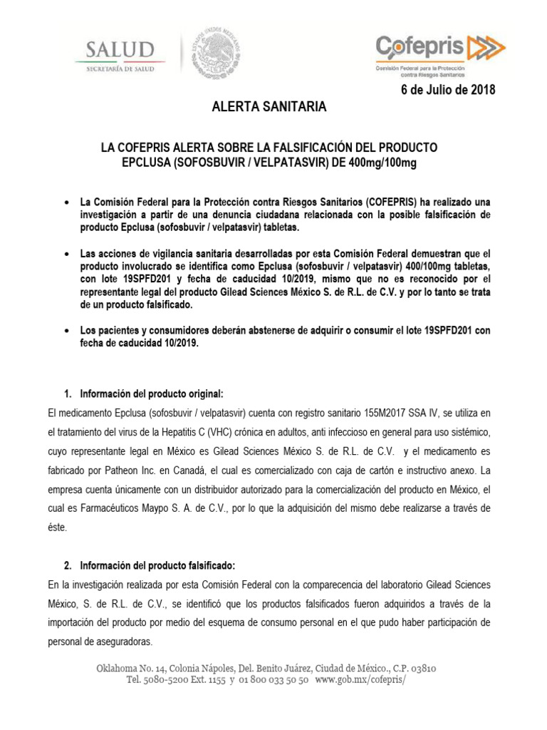 Alerta Sanitaria Epclusa 03072018 | PDF | Medicina | Cuidado de la salud