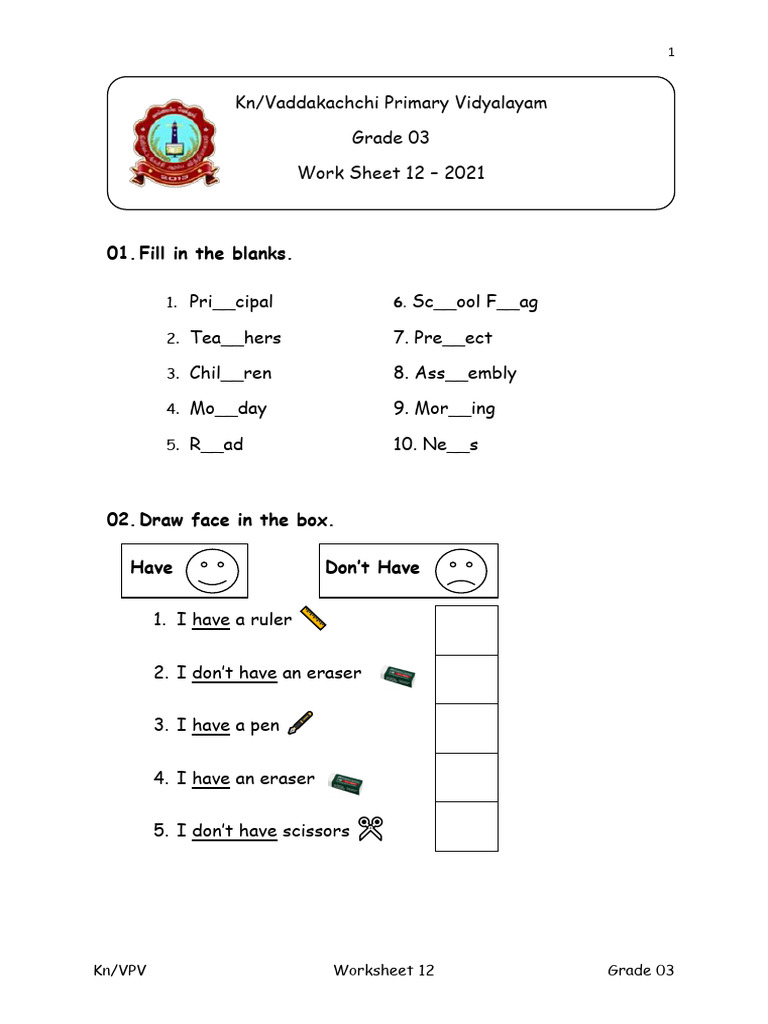 English - Grade 3 - Worksheet 12 | PDF