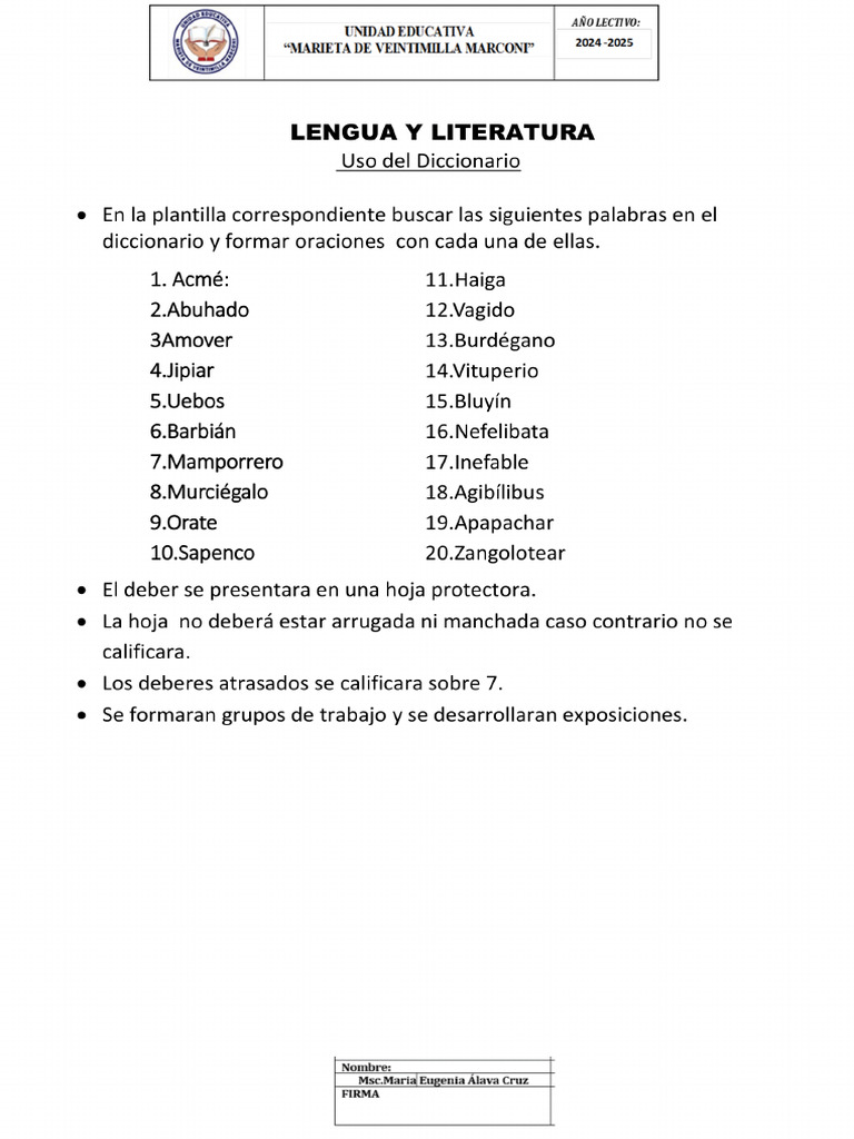 Plantilla y Palabras para Diccionario | PDF