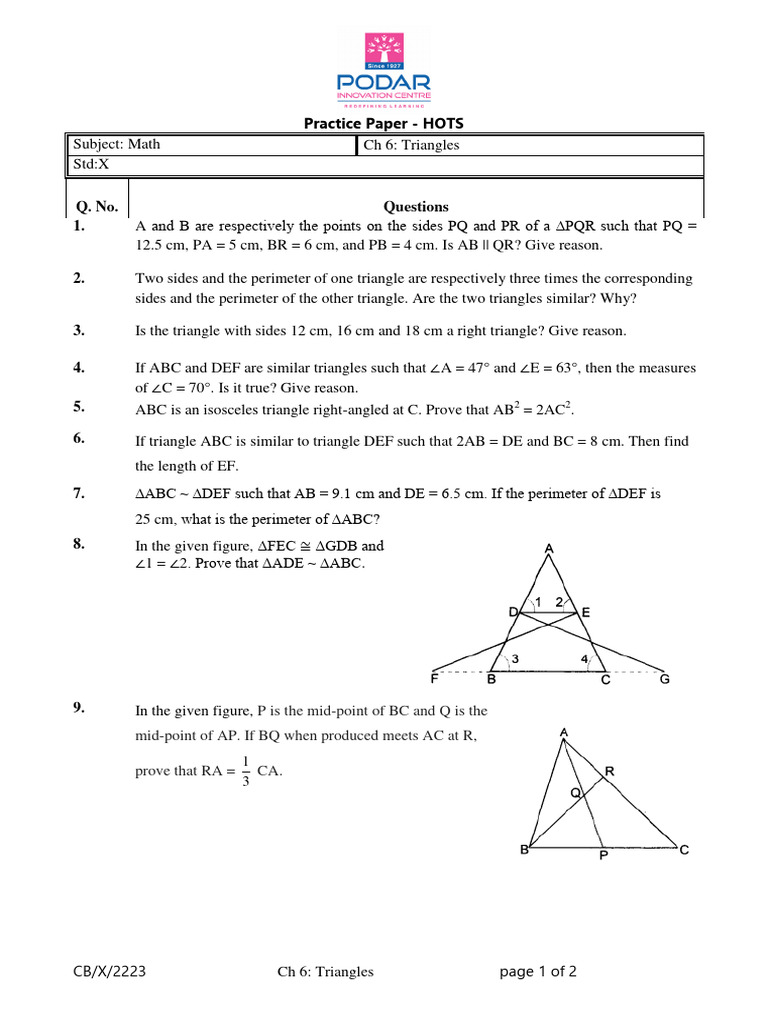 QP - CB - X - Math - CH 6 - Triangles - HOTS | PDF