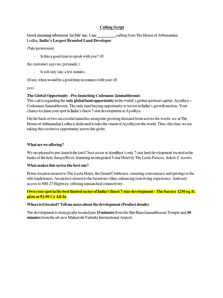 CodenameJanmabhoomi - Calling Script - 21.05.24 | PDF | Tourism | Economies