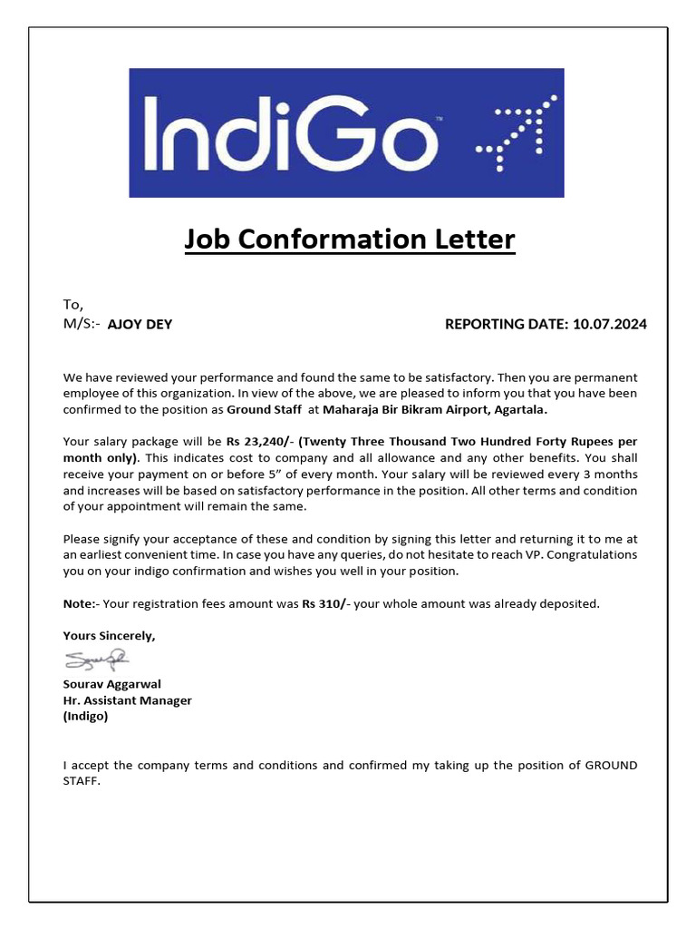CONFORMATION LETTER - INDIGO AIRLINES | PDF