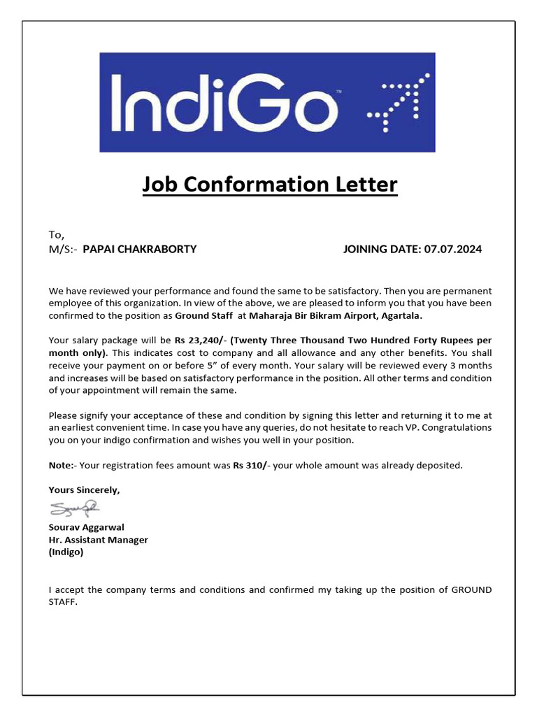 Letter - Indigo Airlines) | PDF