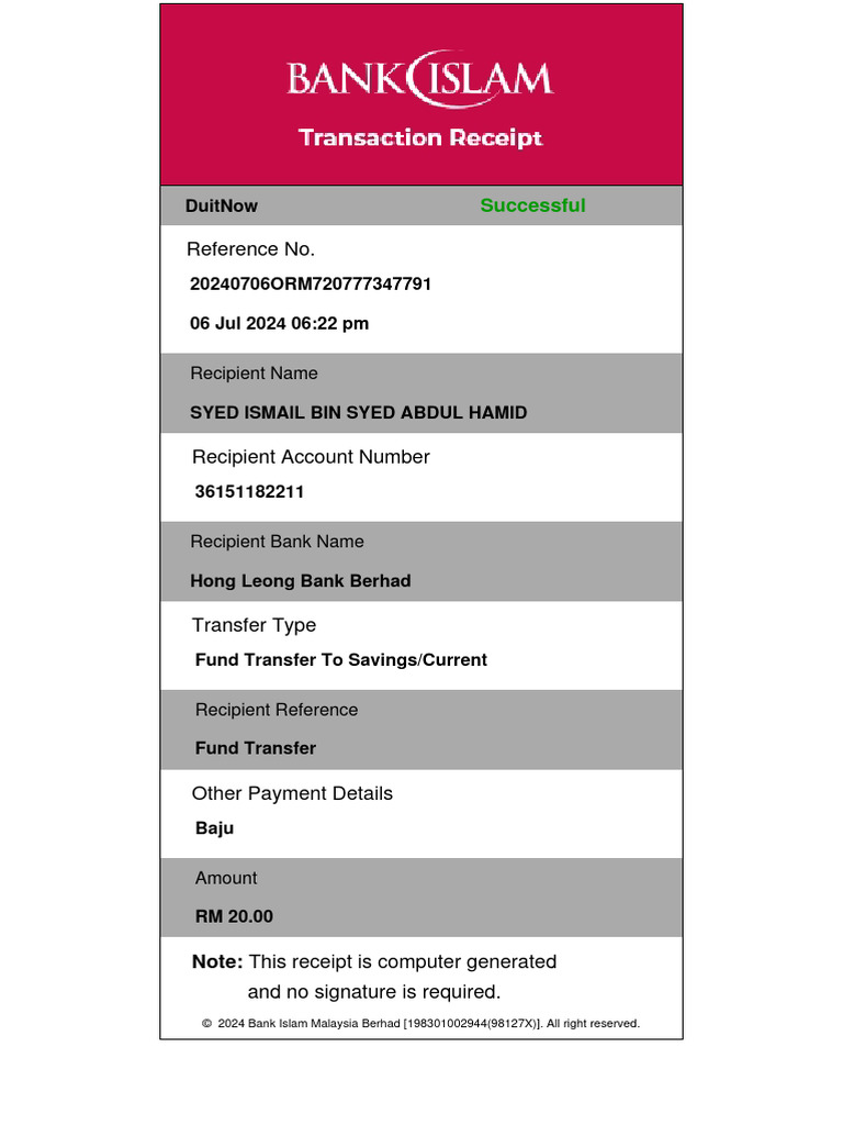 DuitNow Transfer Receipt Details | PDF