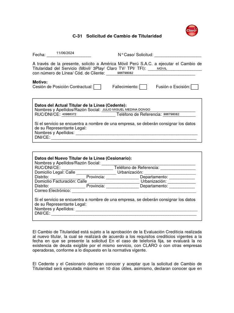 Formato C-31 Acuerdo de Adquisión de Servicio Por Cambio de Titularidad | PDF