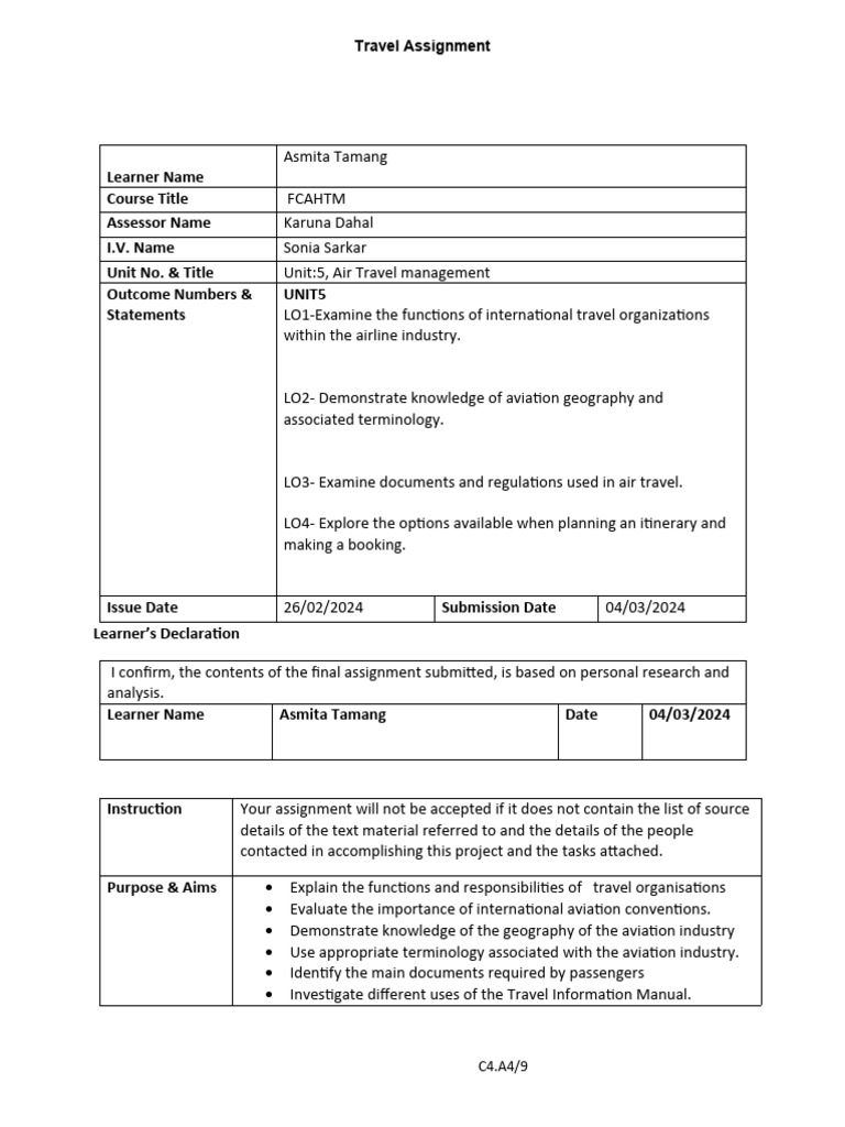 Travel - Written Assessment | PDF