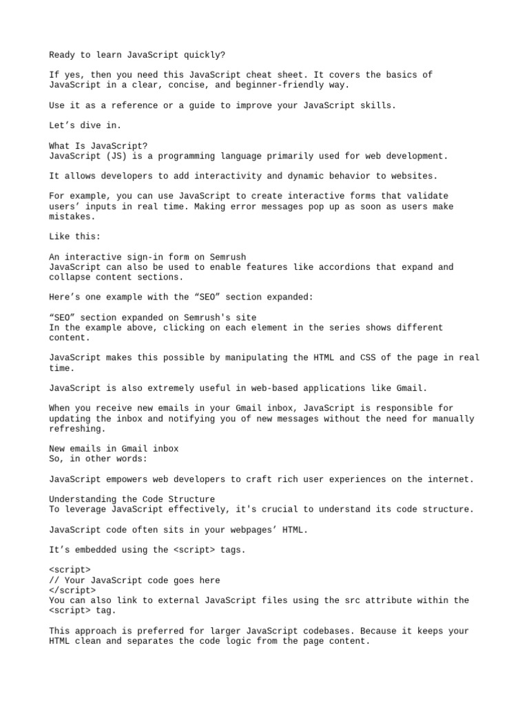 JavaScript Cheat Sheet for Beginners | PDF | Data Type | Java Script