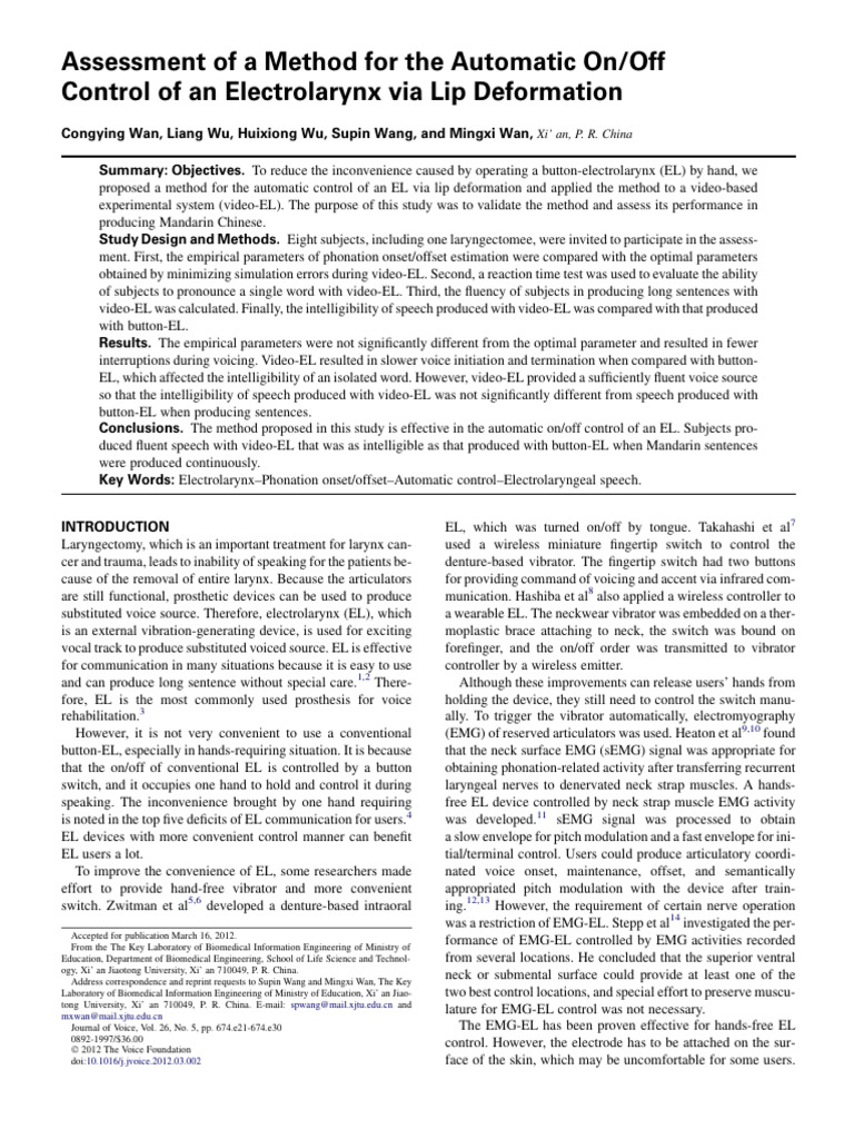 Assessment of A Method For The Automatic On Off Control of A - 2012 - Journal of | PDF | Vowel ...