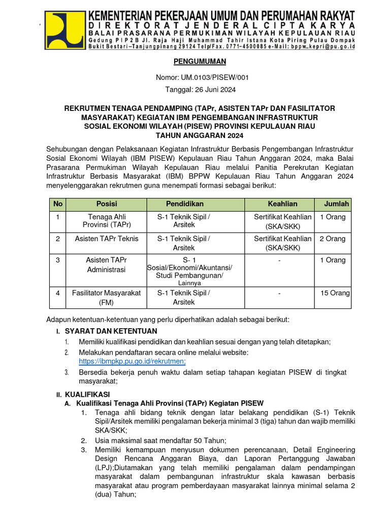 Pengumuman Rekrutmen Tenaga Pendamping Kegiatan IBM PISEW Provinsi Kepulauan Riau TA 2024 Tahap ...