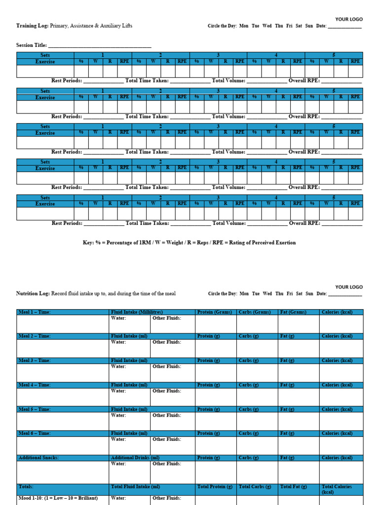 Training and Nutrition Log Template | PDF | Calorie | Fat