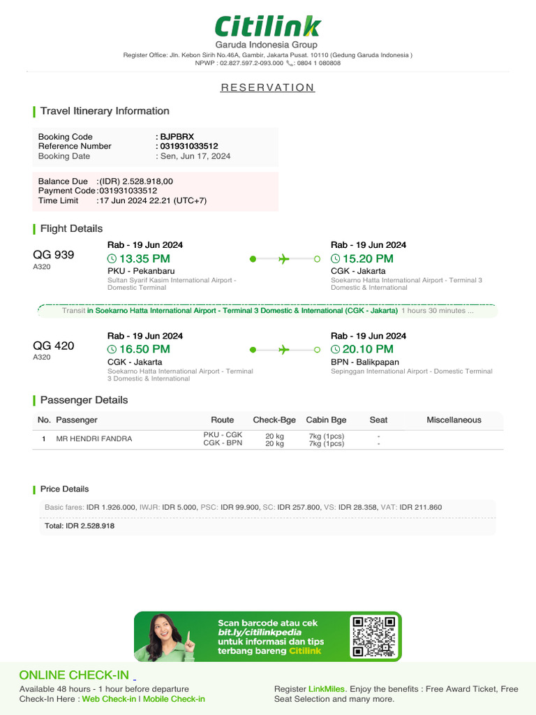 Citilink Travel Itinerary & Check-In Guide | PDF | Aviation | Transport