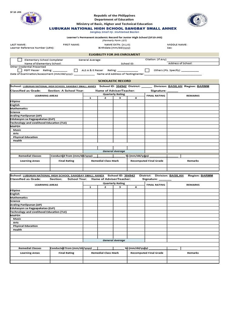School Form 10 SF10 Learner's Permanent Academic Record for Junior High ...