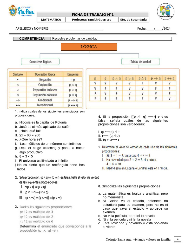 FICHA DE TRABAJO 1 Lógica proposicional | PDF | Proposición | Sintaxis ...