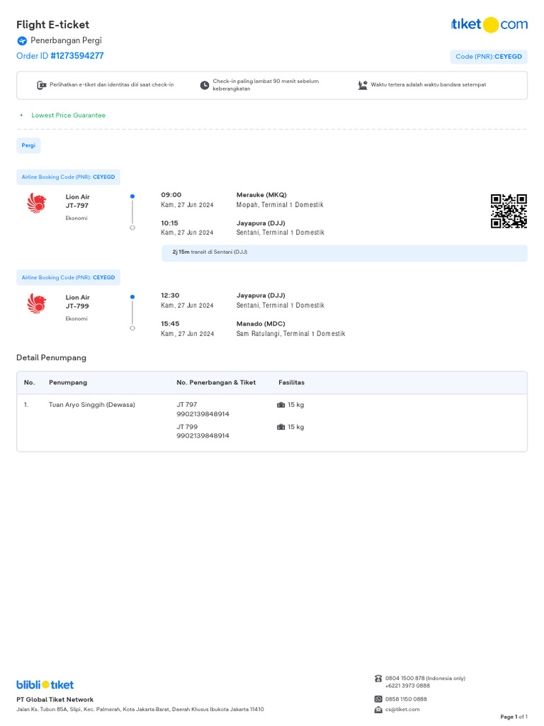 Flight E-Ticket Lion Air | PDF