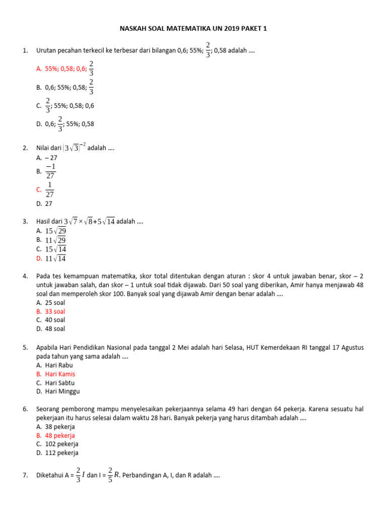 Naskah Soal Matematika Un 2019 P1 | PDF