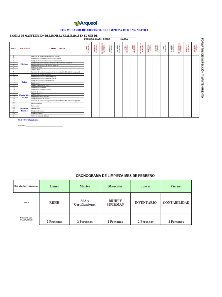 Formulario Control de Limpieza C. Control | PDF
