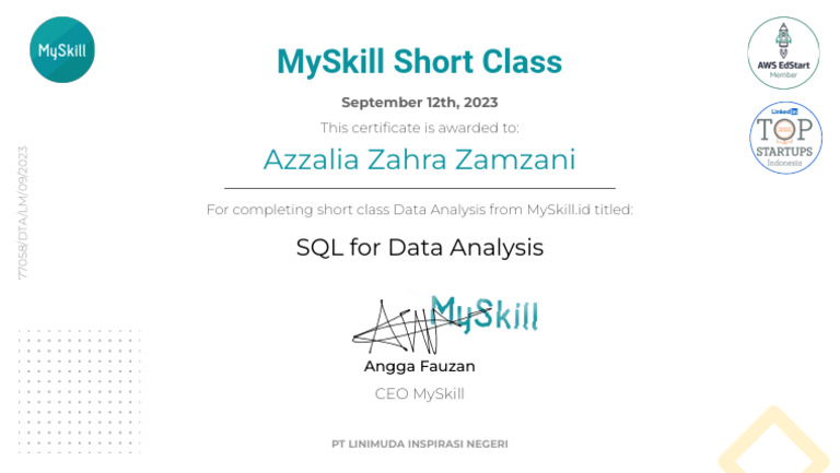 Azzalia Zahra Zamzani - E-Sertifikat SC SQL For Data Analysis MySkill September 2023 | PDF ...