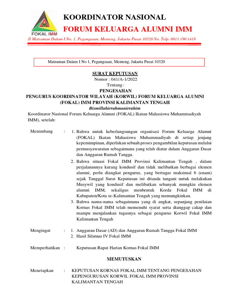 SK Korwil FOKAL IMM Kalimantan Tengah | PDF