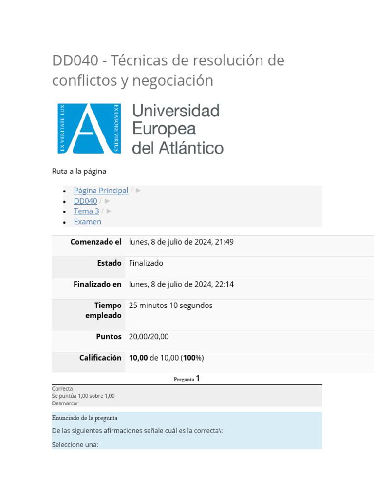 DD040 Tecnicas de Resolucion de Conflictos Examen Resuelto | PDF ...