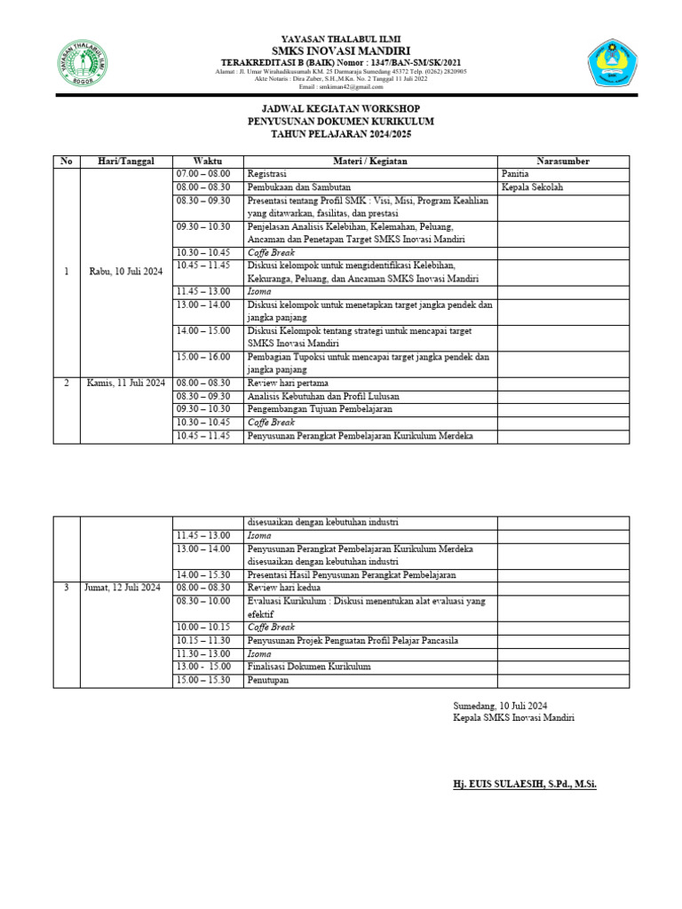 Jadwal Workshop Penyusunan Dokumen Kurikulum | PDF