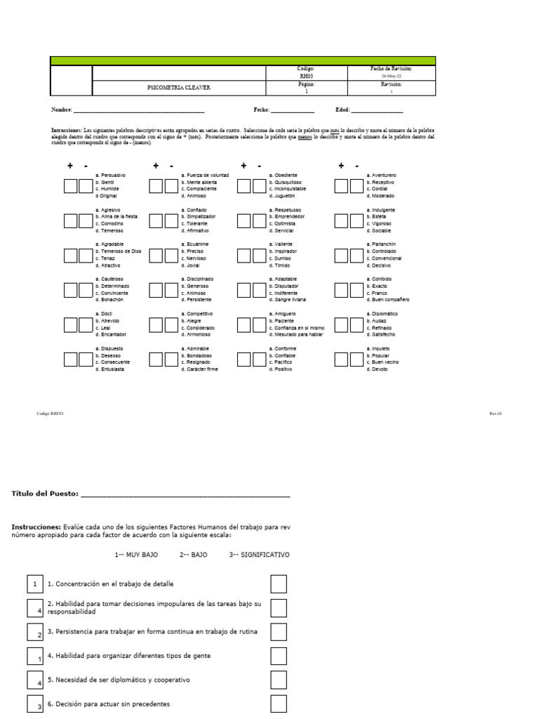 Test de Cleaver Rev.01 | Descargar gratis PDF | Conceptos psicologicos ...