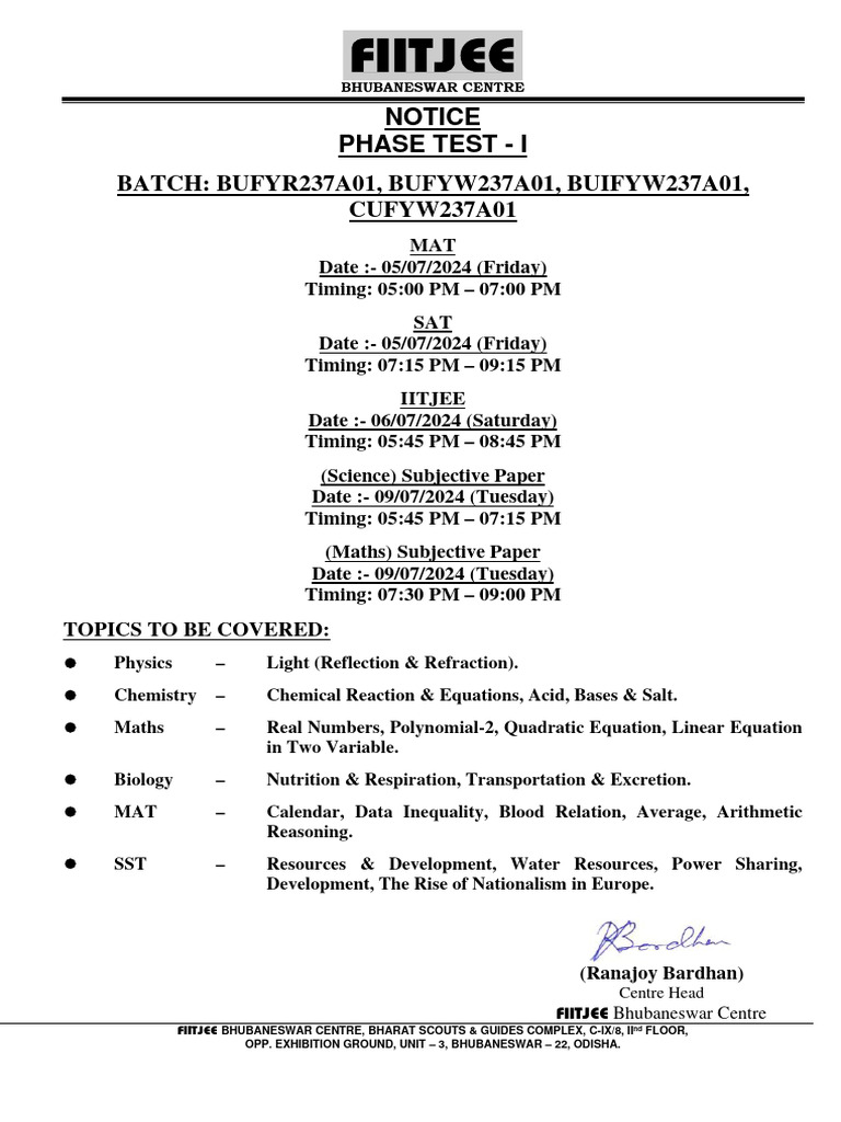 Notice For Phase Test-1 - Class 10 | PDF