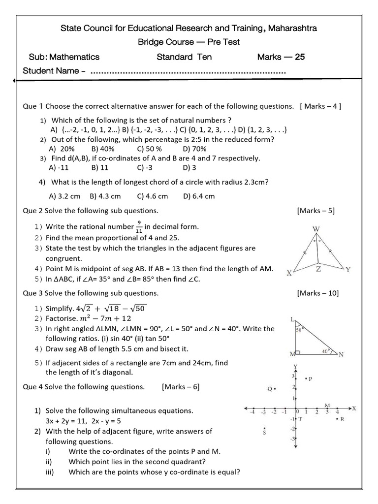 Pre Test STD 10 TH Maths Bridge Course | PDF