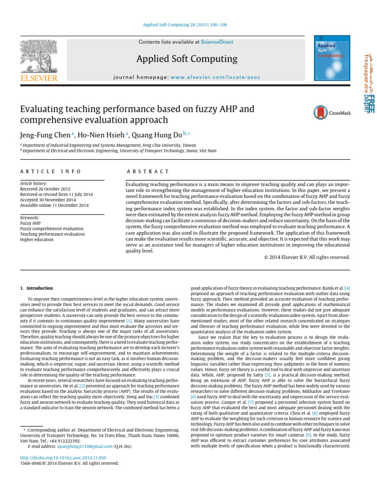 Evaluating Teaching Performance Based On Fuzzy AHP and Comprehensive ...