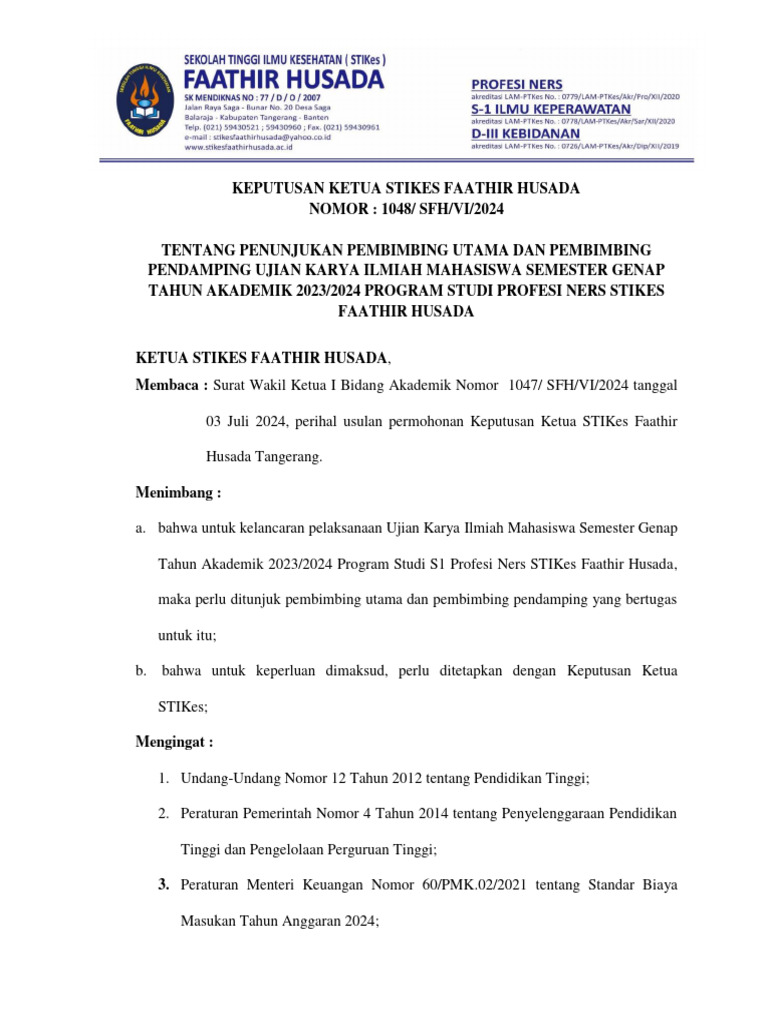 SK Ketua Stikes Kian 2024 | PDF | Pengembangan Diri | Kesehatan Holistik