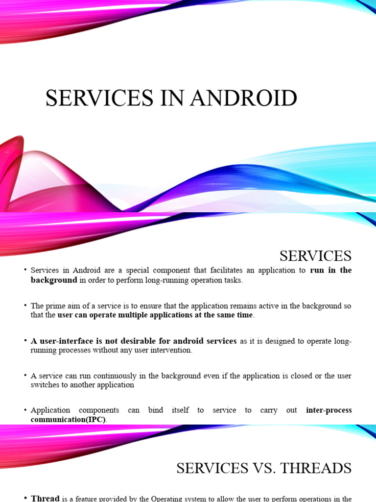 Services in Android | PDF | Thread (Computing) | Method (Computer Programming)