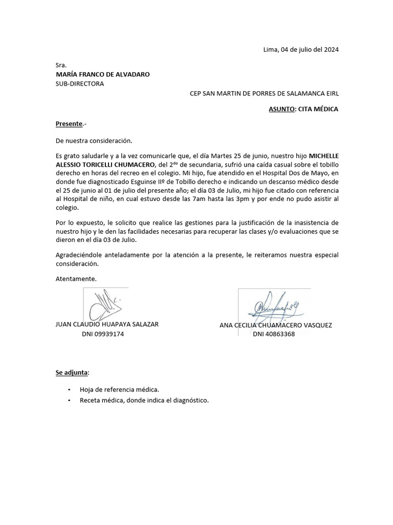 Justificacion Por Cita Medica - Michelle Alessio Toricelli Chumacero ...