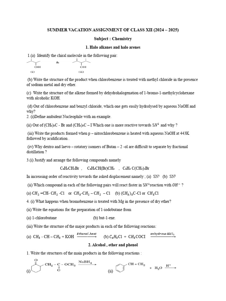 Summer Vacation Assignment of Class Xii (2023-2024) | PDF | Ether ...