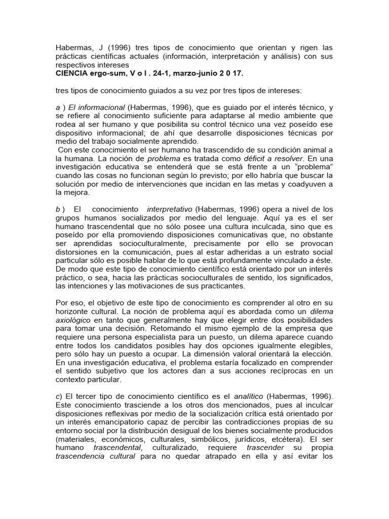 Habermas Tipos de Conocimiento | PDF | Paradigma | Conocimiento Habermas Tipos de Conocimiento | PDF | Paradigma | Conocimiento