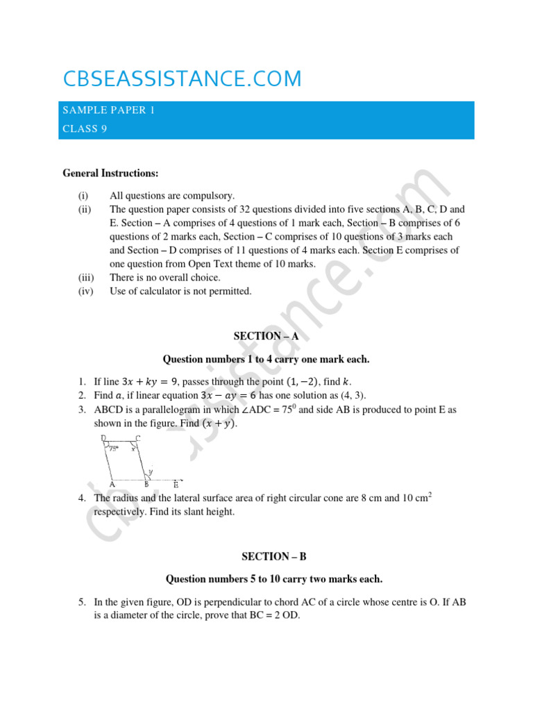 Class 9 CBSE Sample Paper 1 | PDF | Area | Circle