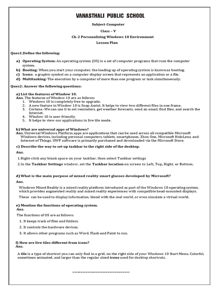 CLASS 5 Ch-2 Lesson Plan | PDF | Microsoft Windows | Windows 10