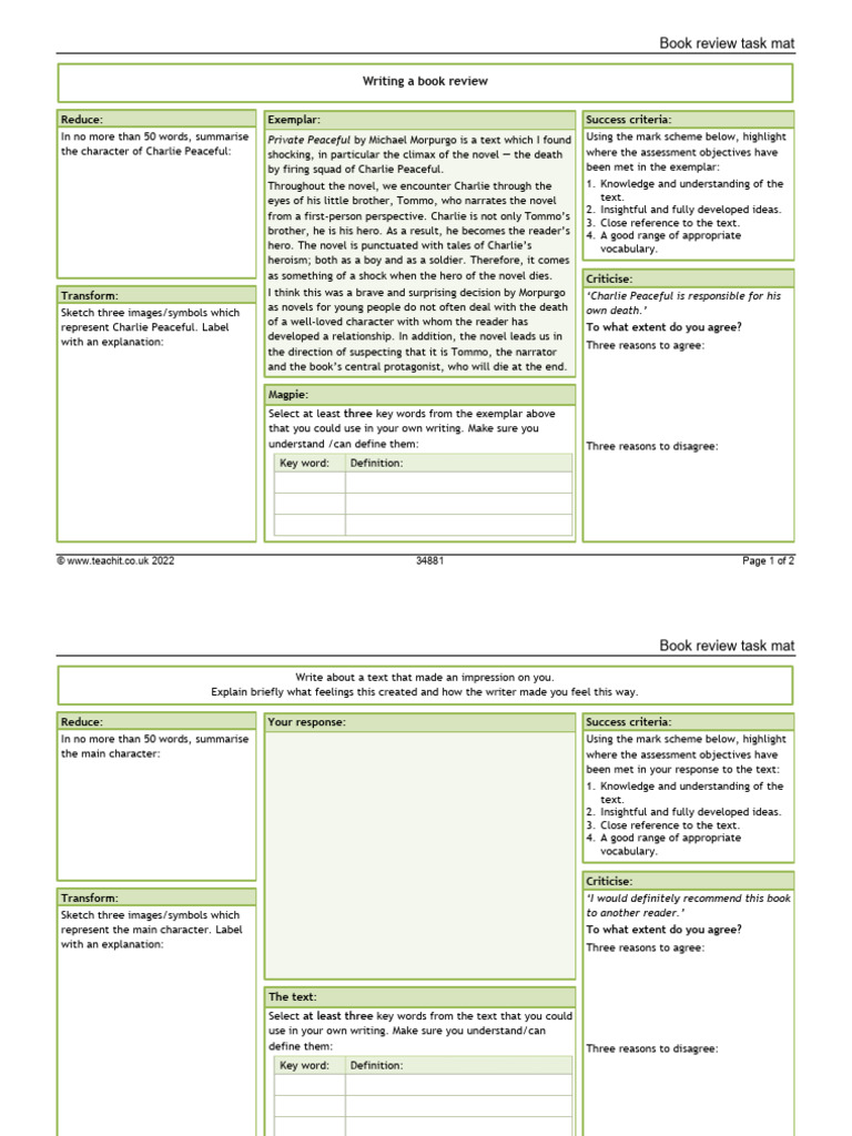 Book Review Task Mat Teachit 34881 | PDF | Hero | Reason